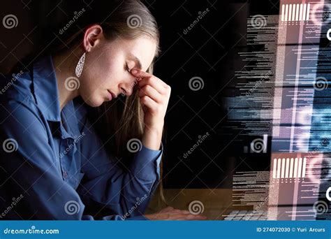 Woman Headache And Tired Code And Programmer Burnout And Working Night Stress Migraine And