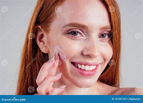 Fashion Portrait Of Redhead Model Nude With Perfect Skin Studio On White Background Stock Photo