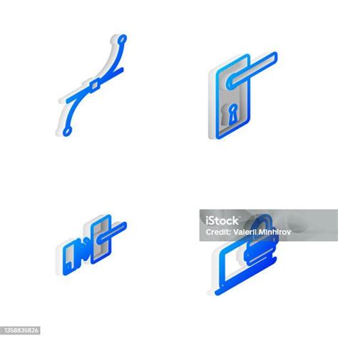 Set Isometric Line Door Handle Bezier Curve Digital Door Lock With Wireless And Laptop Password