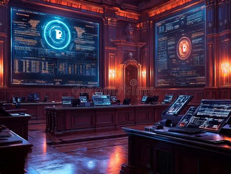A High Tech Command Center Bathed In Blue And Orange Filled With