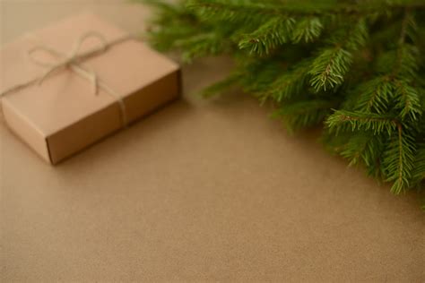 축제 크리스마스 또는 새해 배경 선물 기부 겨울 플랫 레이 크리스마스 나뭇가지와 골판지에 크래프트 종이로 만든 환경 친화적 인 선물 포장 배경이 흐려집니다 복사 공간 0명에