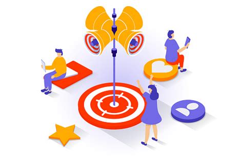 3d 아이소메트릭 디자인의 비즈니스 및 마케팅 개념 개발 회사를 위한 온라인 프로모션 도구를 사용하여 대상 청중을 유치하는 사람들 웹 그래픽을 위한 등각측정 장면이 있는