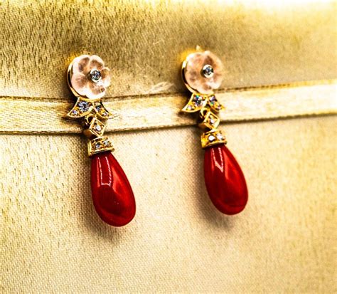Art Deco Style Mediterranean Red Coral White Diamond Yellow Gold Stud