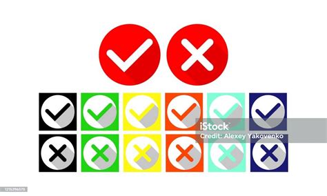 체크 마크 또는 진드기 분리 된 흰색 배경에 현대적인 색상 디자인 개념에 설정 된 교차 체크 표시 플랫 아이콘 Eps 10 벡터 개념에 대한 스톡 벡터 아트 및 기타 이미지