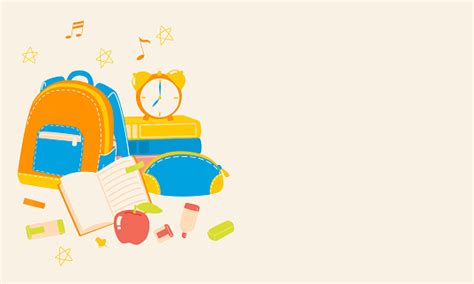 빈 공간과 학용품 배낭 책 책 알람 시계 연필 상자 통치자 마커의 밝은 다채로운 그림과 함께 학교 배경으로 돌아 가기 게시물