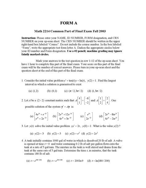 12 Questions On Introduction To Differential Equations For Final Math