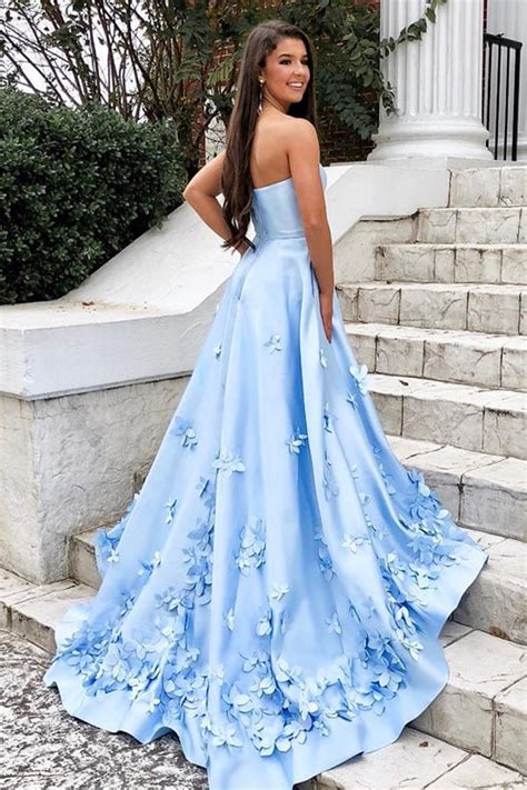 Satin Sweetheart Sky Blue A Line Long Prom Dresses With 3d Floral Appl