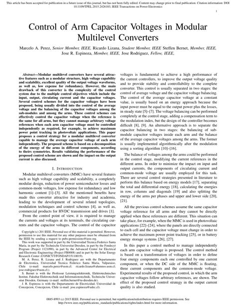 Pdf Control Of Arm Capacitor Voltages In Modular Multilevel Converters