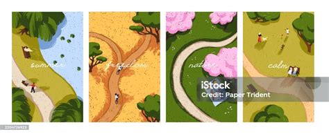 자연과 편안한 사람들과 함께 포스터 세트입니다 여름 가을 봄 풍경 평면도가 있는 카드입니다 남녀와 함께 피크닉을 즐기거나 야외를 걷는 귀여운 엽서 플랫 벡터 일러스트레이션