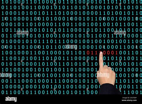 A 3d Rendering Binary Code Screen With A Finger Pointing At The