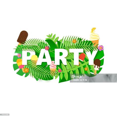 창의적인 녹색 정글 단어 파티 여름 구성 스타일을 잘라 종이에 흰색 바탕에 아이스크림을 떠난다 열 대 잎 편지 디자인 포스터 배너 전단지 T셔츠 인쇄 벡터 카드 0명에 대한