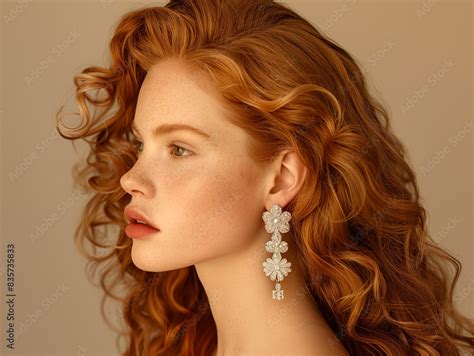 주얼리 룩북 긴 빨간 머리 곱슬 머리를 가진 측면 프로필 백인 모델 어깨는 편안하고 귀는 눈길을 끄는 다이아몬드 귀걸이 베이지 배경 Stock Foto Adobe