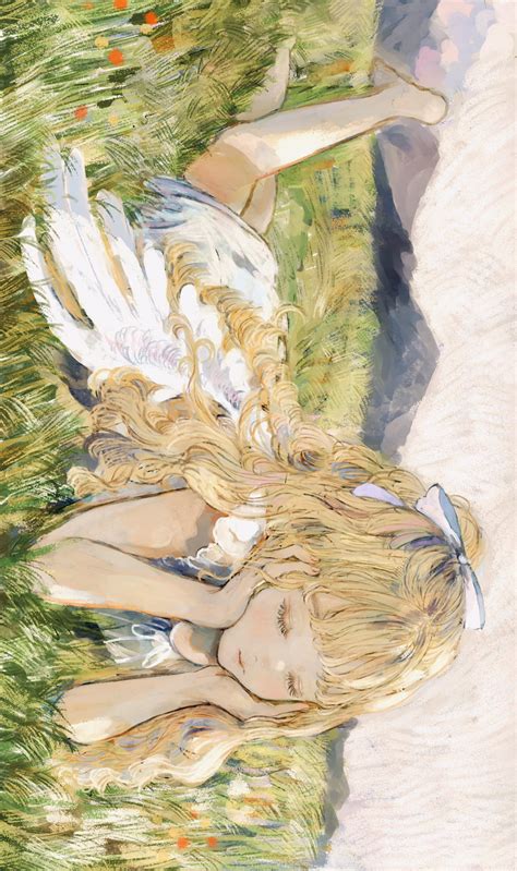 Safebooru 1girl Angel Wings Barefoot Blonde Hair Blush Closed Eyes