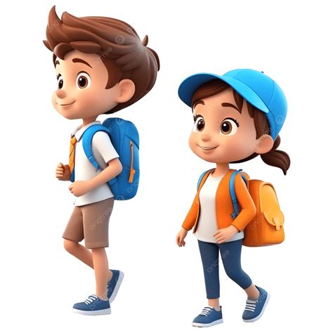 3d رسم كاريكتوري بنت و ولد كرتون أطفال يذهبون إلى المدرسة صبي وفتاة