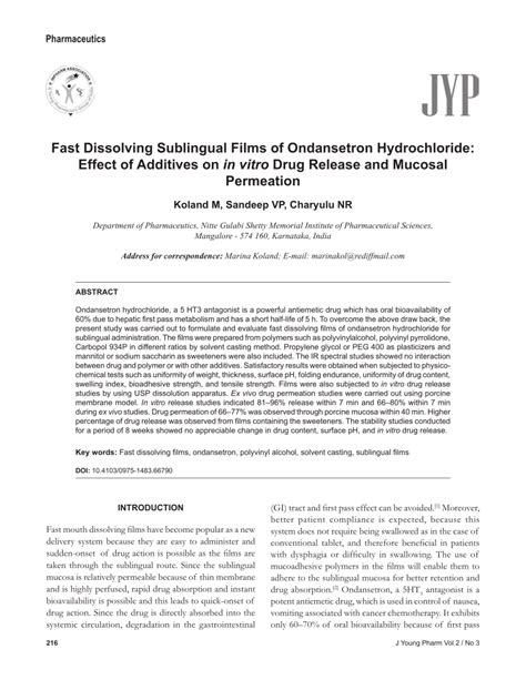 Pdf Fast Dissolving Sublingual Films Of Ondansetron Hydrochloride Effect Of Additives On In