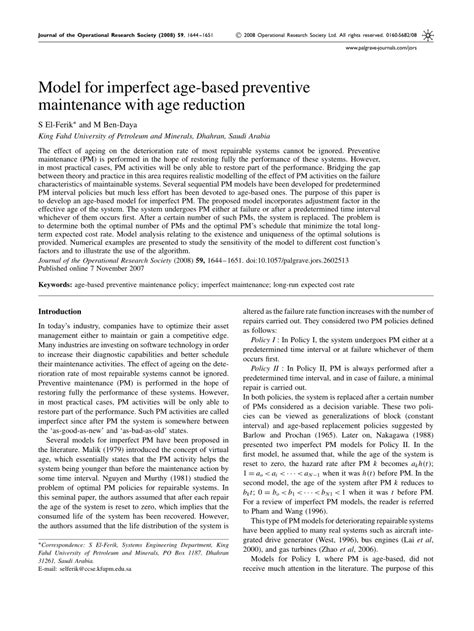 Pdf Model For Imperfect Age Based Preventive Maintenance With Age