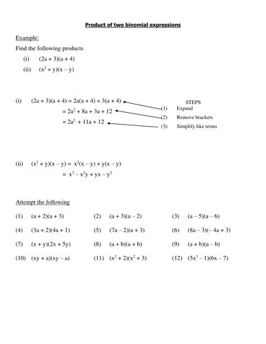 Product Of Binomial Expressions Teaching Resources