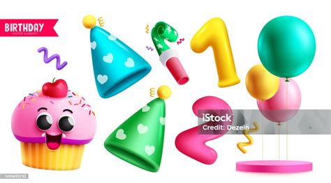 생일 요소 벡터 세트 디자인입니다 컵 케이크 파티 모자 호루라기 및 풍선 축하 장식과 같은 생일 파티 요소 1에 대한 스톡 벡터 아트 및 기타 이미지 Istock