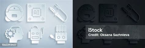 로봇 납땜 인두 휴머노이드 로봇 기계 손 미세 회로 Cpu 및 진공 청소기 아이콘이있는 프로세서를 설정합니다 벡터 3차원 형태에 대한 스톡 벡터 아트 및 기타 이미지