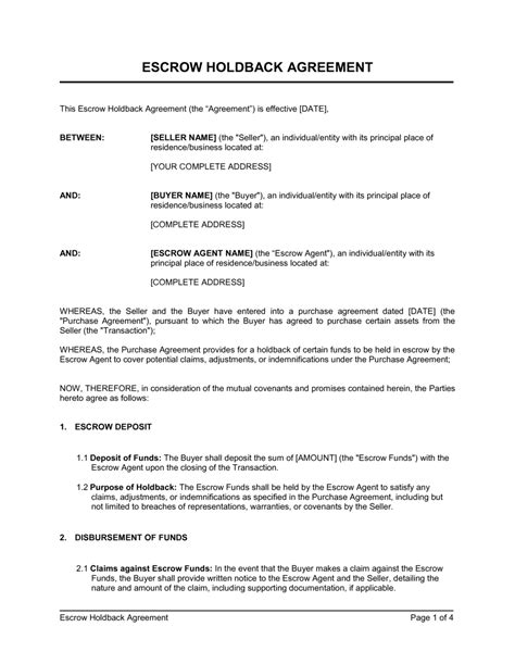 Escrow Holdback Agreement Template Word And Pdf Free Trial