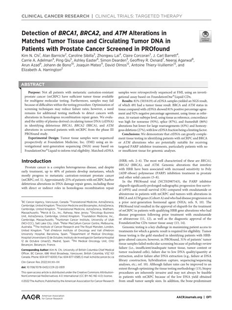 Pdf Detection Of Brca1 Brca2 And Atm Alterations In Matched Tumor Tissue And Circulating