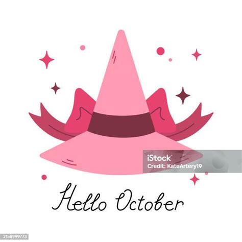 귀여운 만화 마녀 모자 텍스트 Hello October 손으로 쓴 글자가 있는 할로윈 엽서입니다 벡터 키즈 일러스트 0명에 대한 스톡 벡터 아트 및 기타 이미지 Istock
