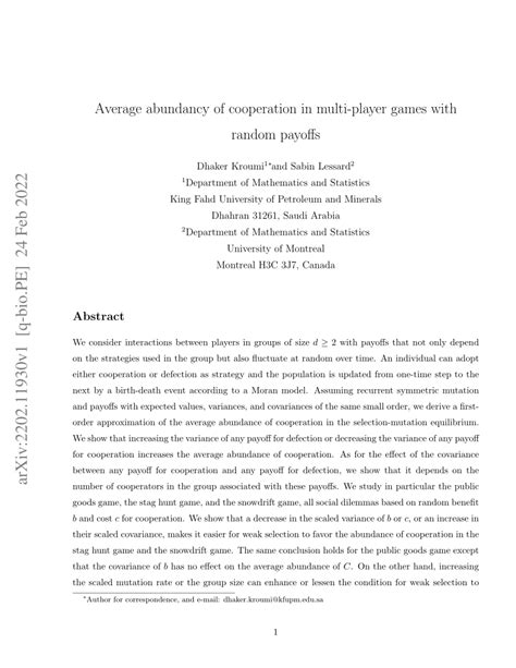 Pdf Average Abundancy Of Cooperation In Multi Player Games With Random Payoffs