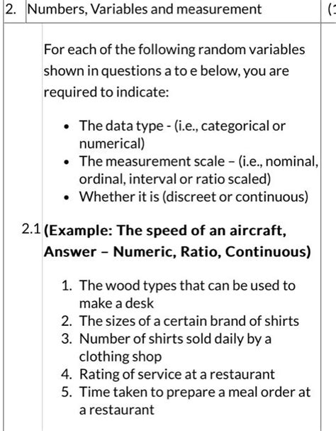 Solved Numbers Variables And Measurement For Each Of The Following
