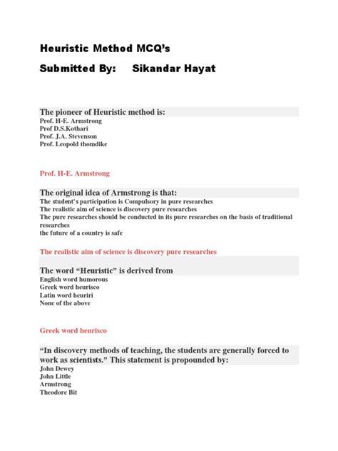 Heuristic Method Mcq Pdf Teaching Method Science