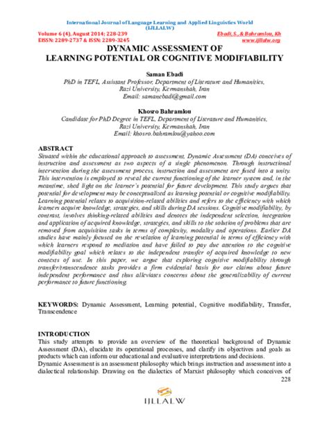Pdf Dynamic Assessment Of Learning Potential Or Cognitive Modifiability