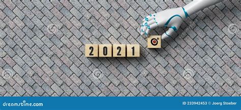 Robot Hand Adding A Cube With A Goal Symbol To Other Cubes With Message 2021 Stock Illustration