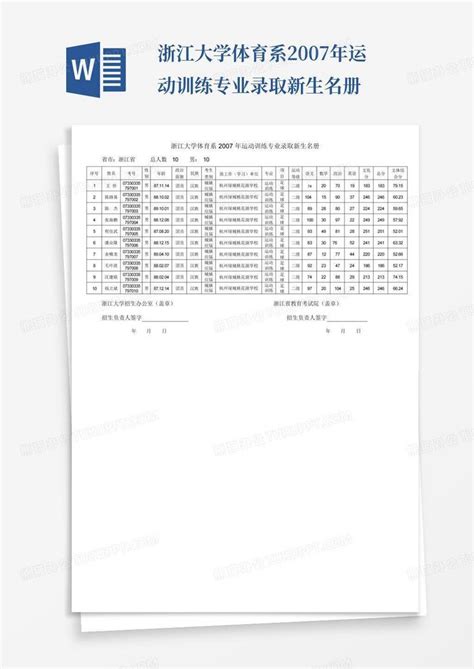 浙江大学体育系2007年运动训练专业录取新生名册Word模板下载 编号qgbbnrvo 熊猫办公