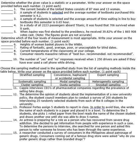 Solved Determine Whether The Given Value Is A Statistic Or A Chegg Com