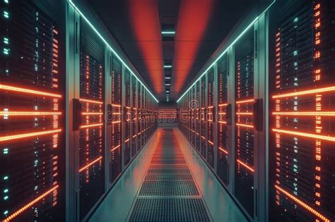 Cutting Edge Data Center Corridor With Illuminated Server Racks For Technology Design Stock