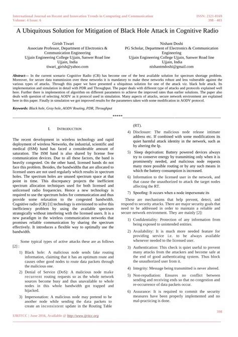 Pdf A Ubiquitous Solution For Mitigation Of Black Hole Attack In Cognitive Radio Dokumentips