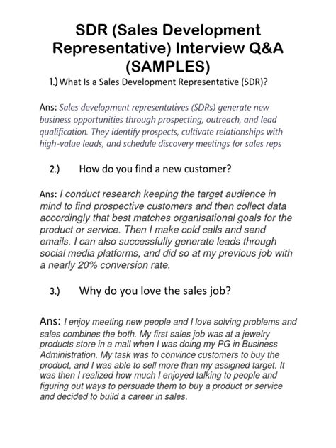 Sdr Sales Devlopment Representative Interview Qanda Pdf