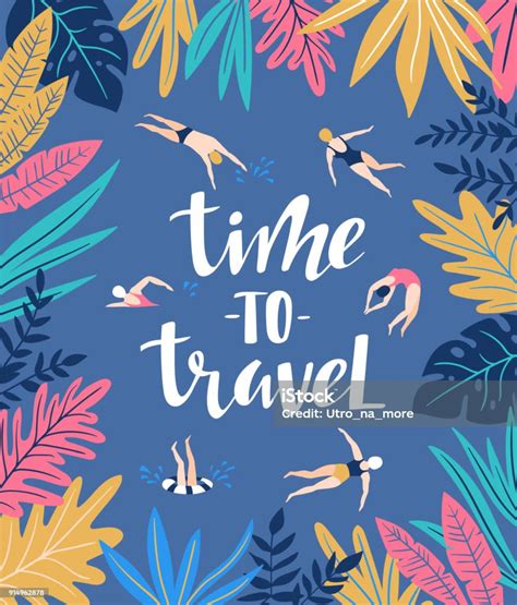 열 대 잎과 수영 스 칸디 나 비아 스타일에서 벡터 프레임 오렌지 핑크와 블루 색상 레터링여행 시간을에서 손으로 그린된 포스터 귀여운에 대한 스톡 벡터 아트 및 기타 이미지