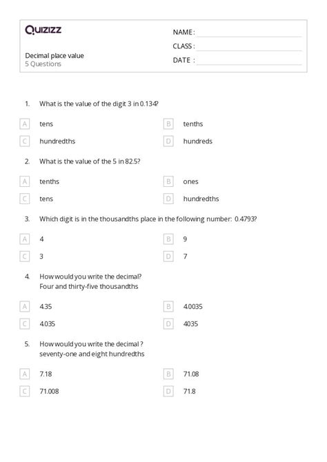 50 Decimal Place Value Worksheets On Quizizz Free And Printable