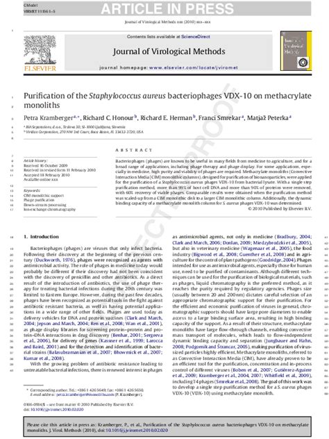 Pdf Purification Of The Staphylococcus Aureus Bacteriophages Vdx 10 On Methacrylate Monoliths