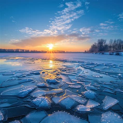 Low Angle Of A Winter Solstice Sunrise Over A Frozen Lake Stock