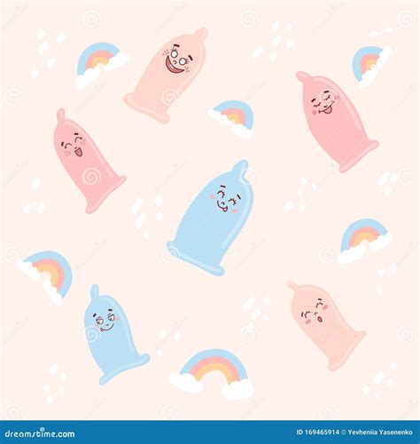 Cute Condoms With Funny Faces In Kawaii Style Stock Vector