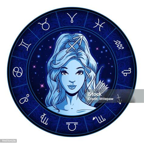 궁수자리 조디악 기호 작품 아름 다운 소녀 얼굴 별자리 기호 스타 기호 벡터 일러스트 레이 션 점성술 기호에 대한 스톡 벡터 아트 및 기타 이미지 Istock