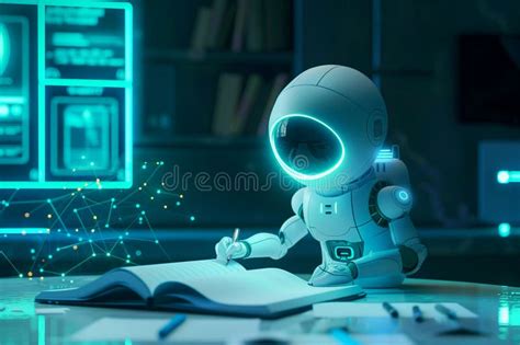 Astronaut Robot Writing On Futuristic Book Modern Artificial Intelligence Machine Learning