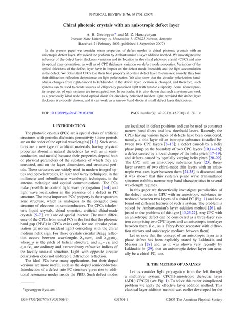 Pdf Chiral Photonic Crystals With An Anisotropic Defect Layer