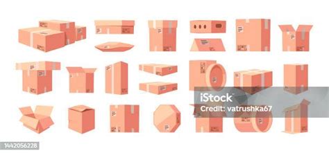 골판지 상자 모형 열린 닫힌 판지 포장 템플릿 종이화물 운송 소포 요소 플랫 스타일 배달 저장 개념 벡터 컬렉션 0명에 대한 스톡 벡터 아트 및 기타 이미지 Istock
