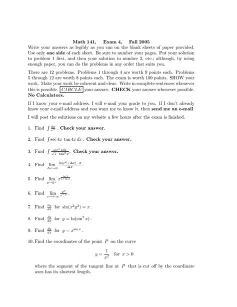 Exam 4 Practice Problems Calculus I Math 141 Docsity