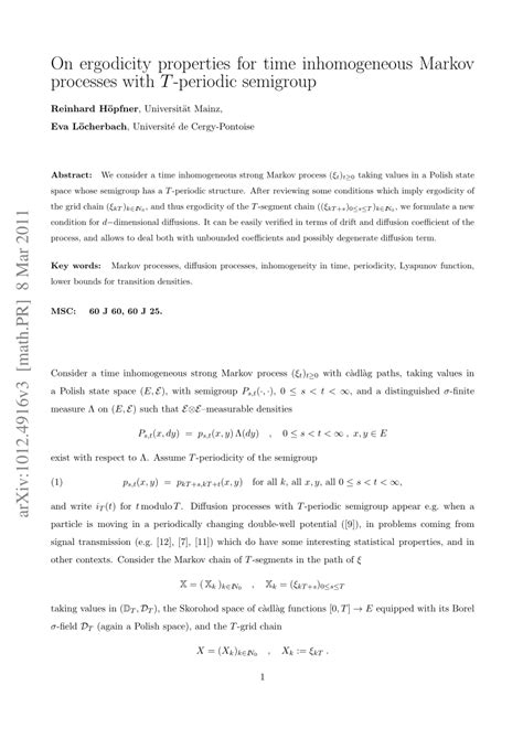 Pdf On Some Ergodicity Properties For Time Inhomogeneous Markov Processes With T Periodic