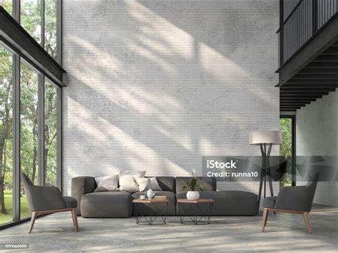 높은 천장 다 락 거실 자연 보기 3d 렌더링 거실에 대한 스톡 사진 및 기타 이미지 거실 모던 양식 모델하우스 내부 Istock