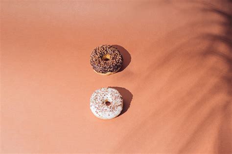 갈색 파스텔 배경에 드라카이나 그림자가 있는 유약과 다채로운 부스러기가 있는 작은 와이트와 초콜릿 링 도넛 가공육에 대한 스톡 사진 및 기타 이미지 Istock