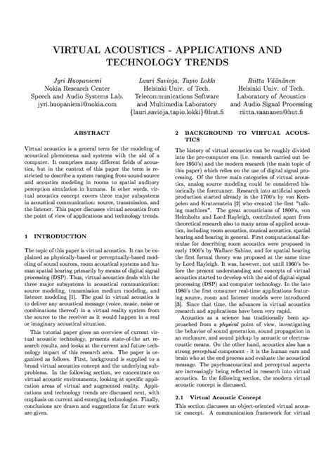 Pdf Virtual Acoustics Applications And Technology Trends